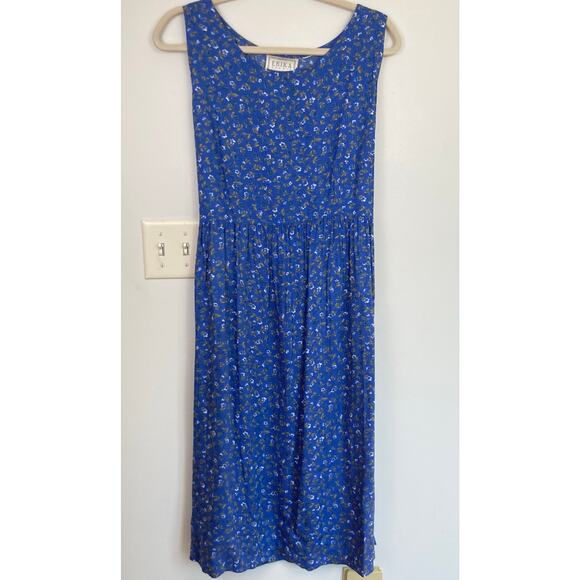 Erika | Dresses | Vintage Erika Womens Xl Blue Floral Tie Back Midi ...